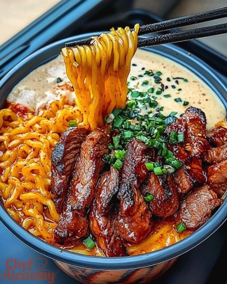 Spicy Korean Ramen with Grilled Beef & Creamy Sauce