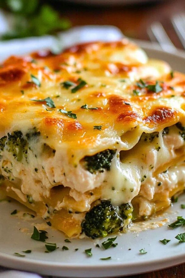 Broccoli Cheddar Chicken Lasagna