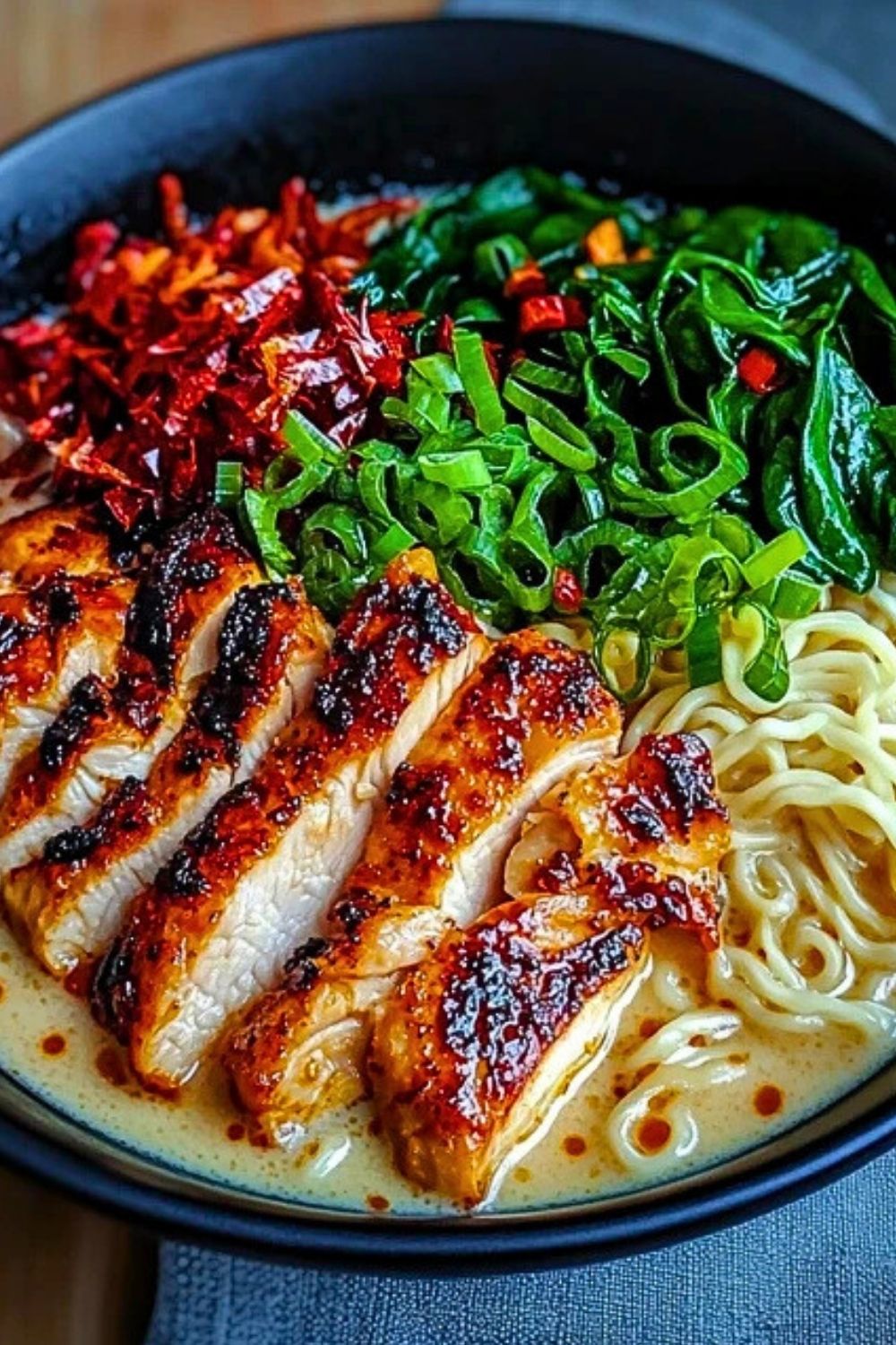 Fiery Chicken Ramen with Creamy Garlic Sauce