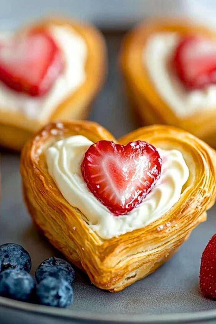Flaky Strawberry Cream Cheese Heart Puffs