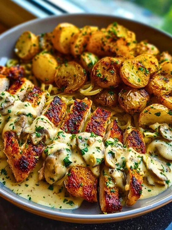 Creamy Mushroom Garlic Chicken Alfredo & Hot Honey Roasted Potatoes