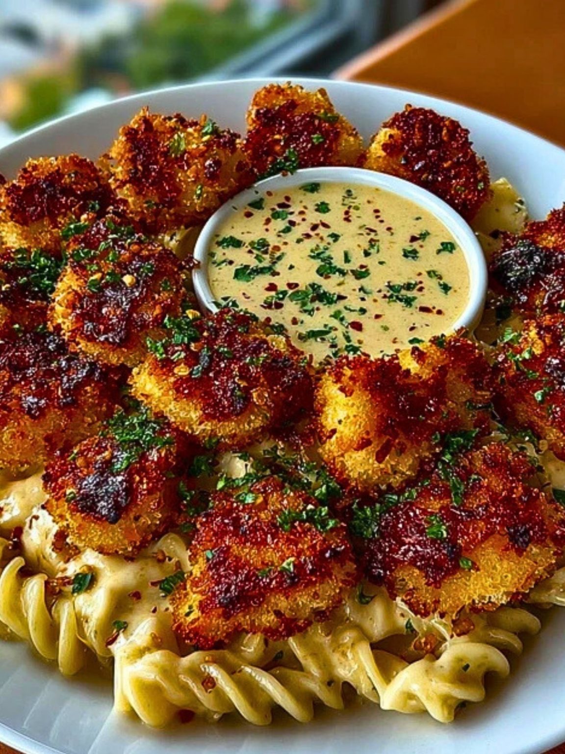 Crispy Parmesan Chicken Bites with Smoky Cajun Alfredo Gemelli