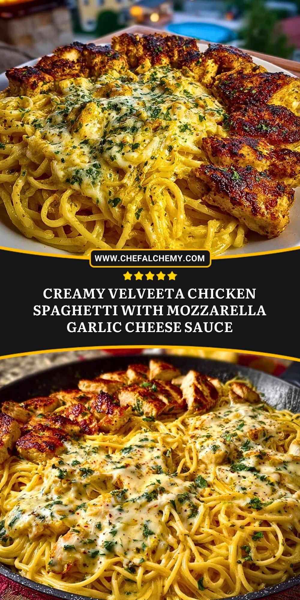 Creamy Velveeta Chicken Spaghetti with Mozzarella Garlic Cheese Sauce