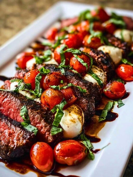 Grilled Balsamic Steak Caprese with Mozzarella, Tomatoes, and Basil