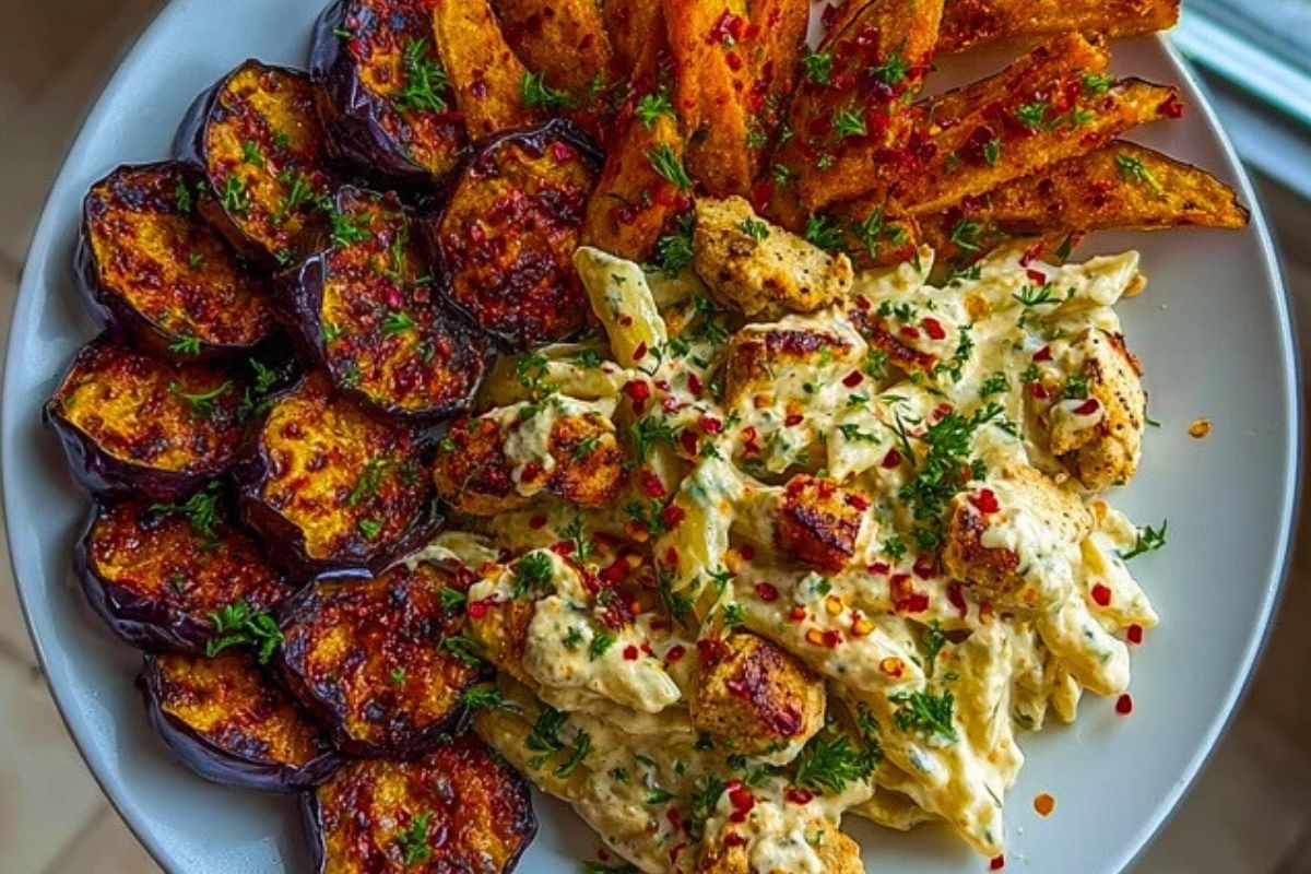 Spicy Whipped Feta Chicken Alfredo with Crispy Eggplant Wedges & Chili ...