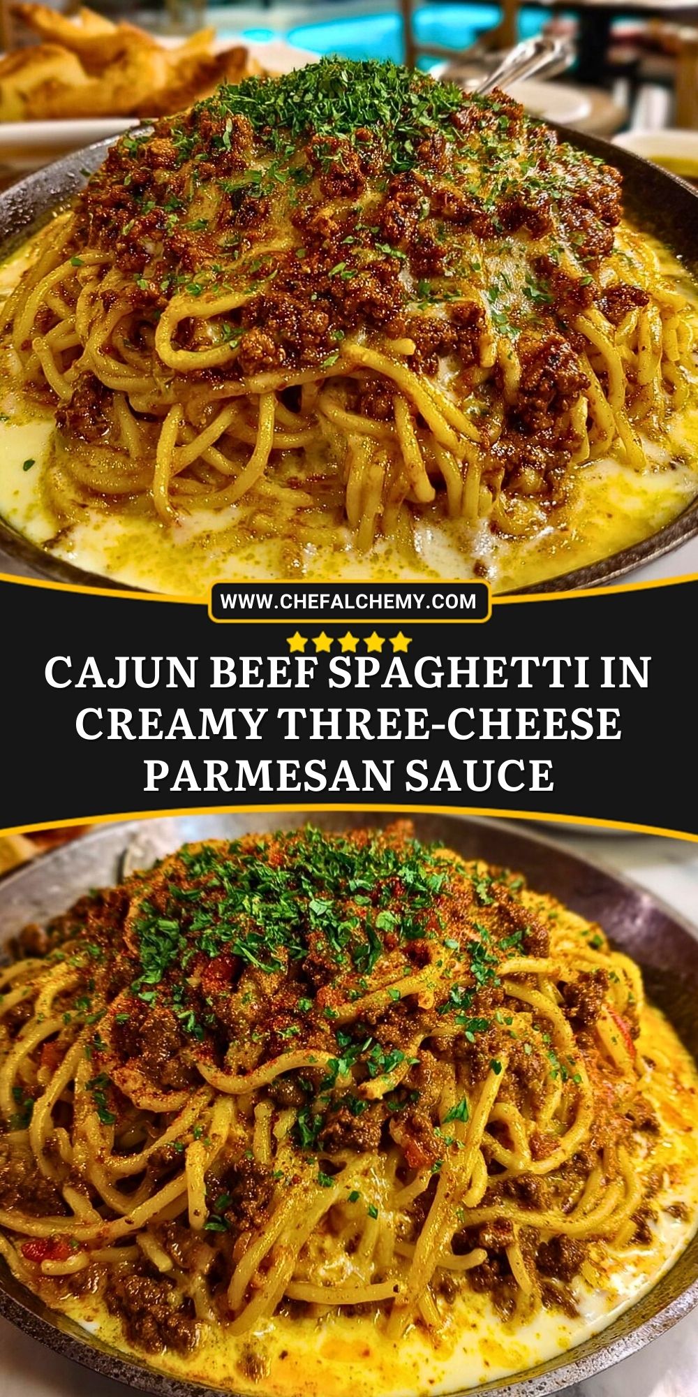 Cajun Beef Spaghetti in Creamy Three-Cheese Parmesan Sauce