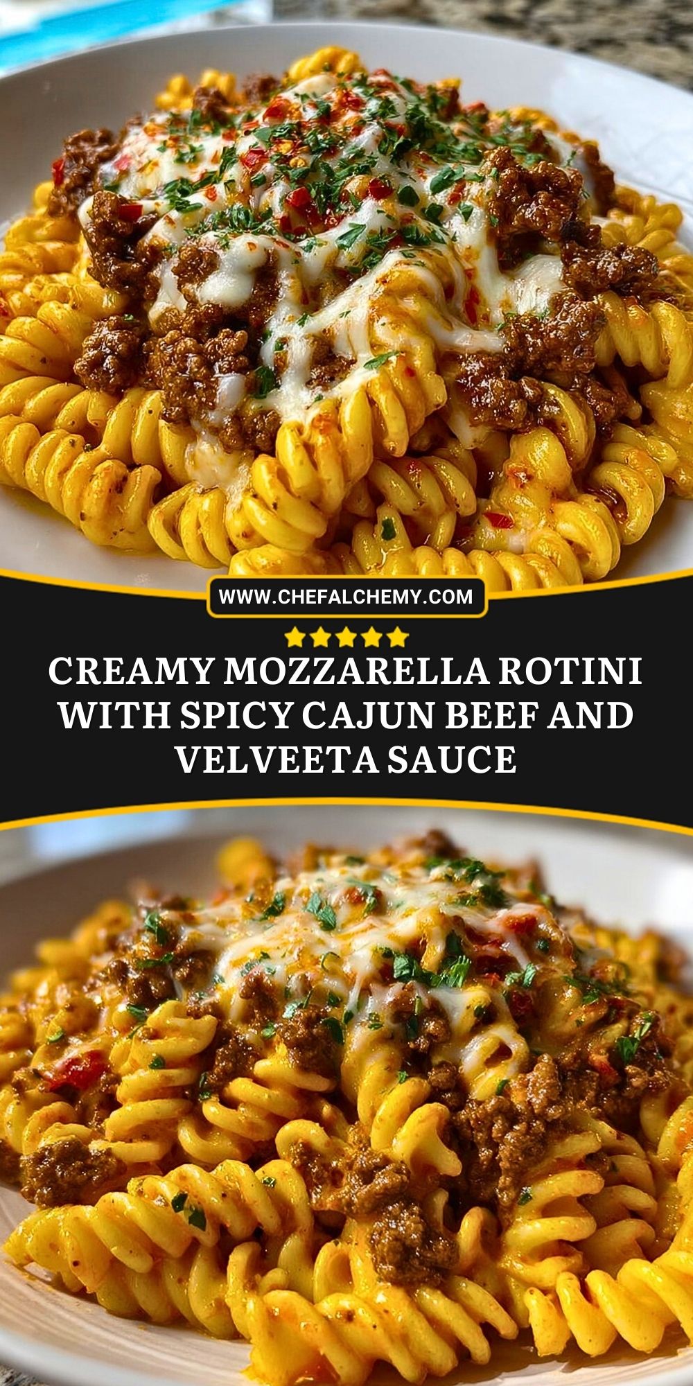 Mozzarella Rotini with Spicy Cajun Beef and Velveeta Sauce