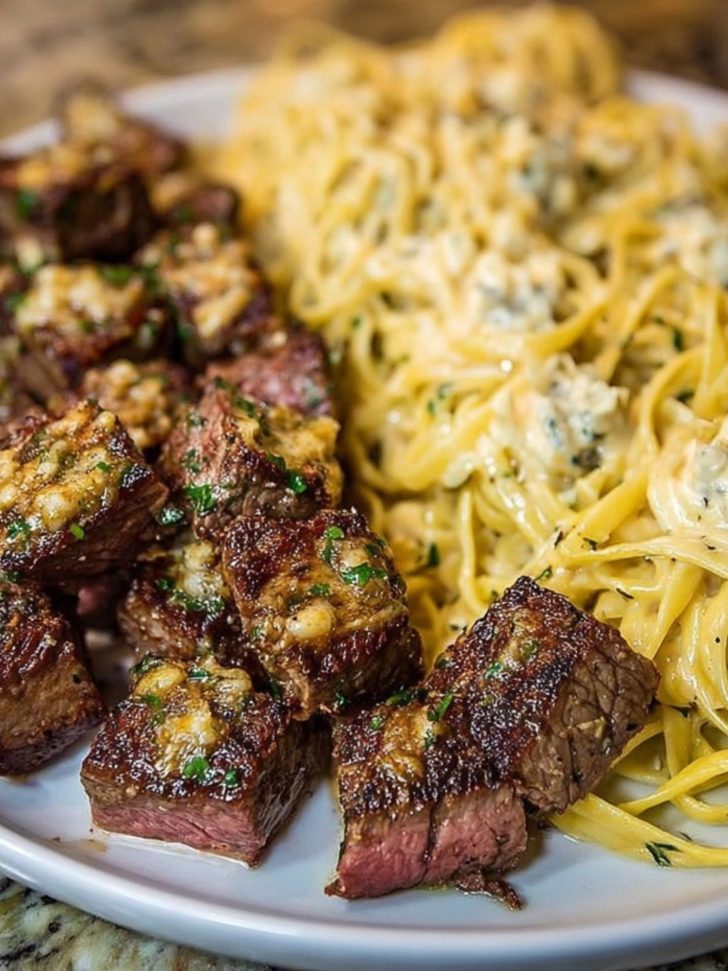 Garlic Butter Steak with Cheesy Linguine in Four-Cheese Sauce